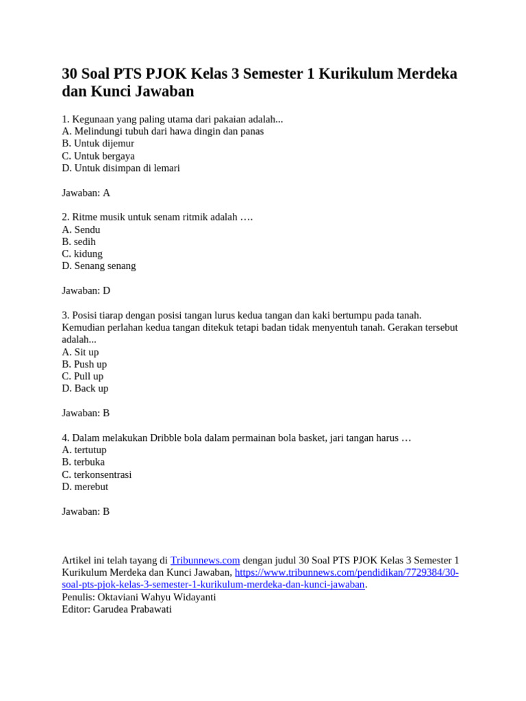 Soal PTS PJOK Kelas 3 Semester 1 | PDF