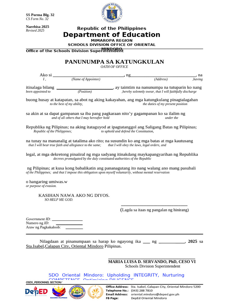 2025 Oath of Office Panunumpa Sa Katungkulan Use A4 Paper Only | PDF