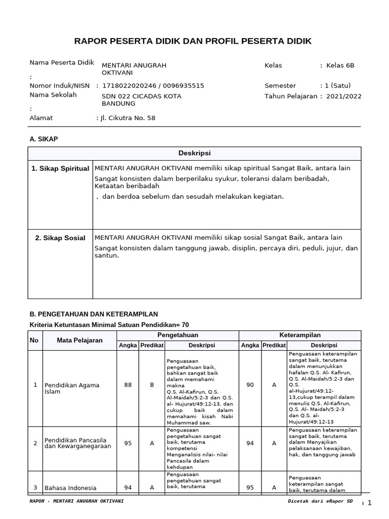 Rapor Mentari Anugrah Oktivani 20211 | PDF