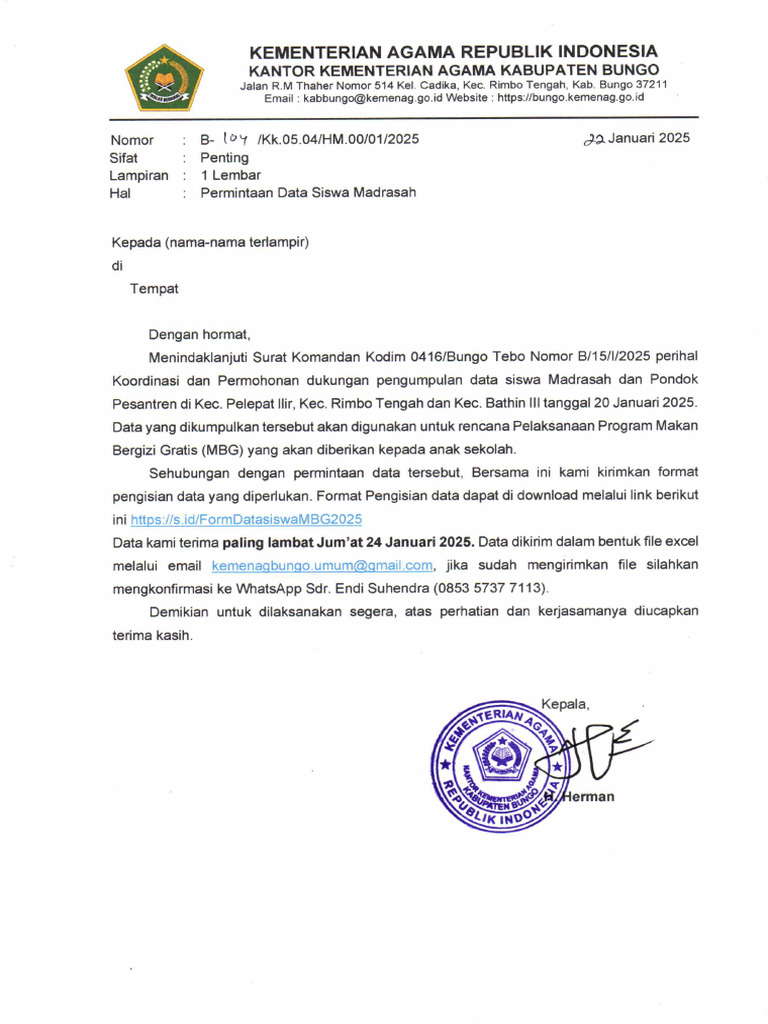 Surat Permintaan Data MBG 2025 | PDF