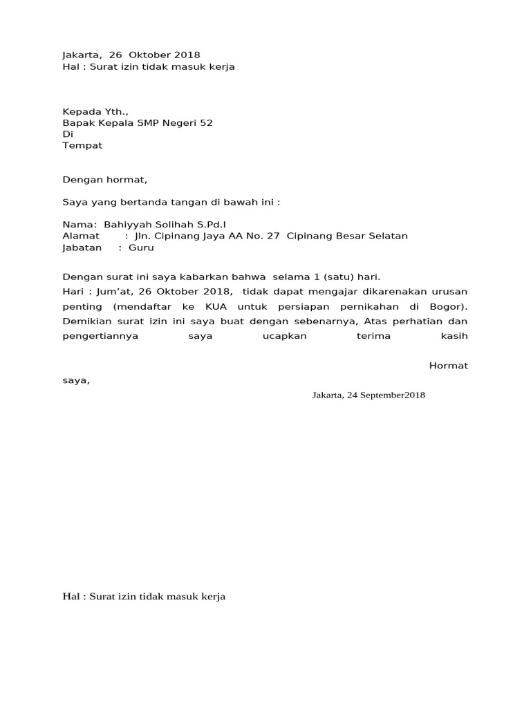 Surat Izin Tidak Masuk Kerja Guru | PDF