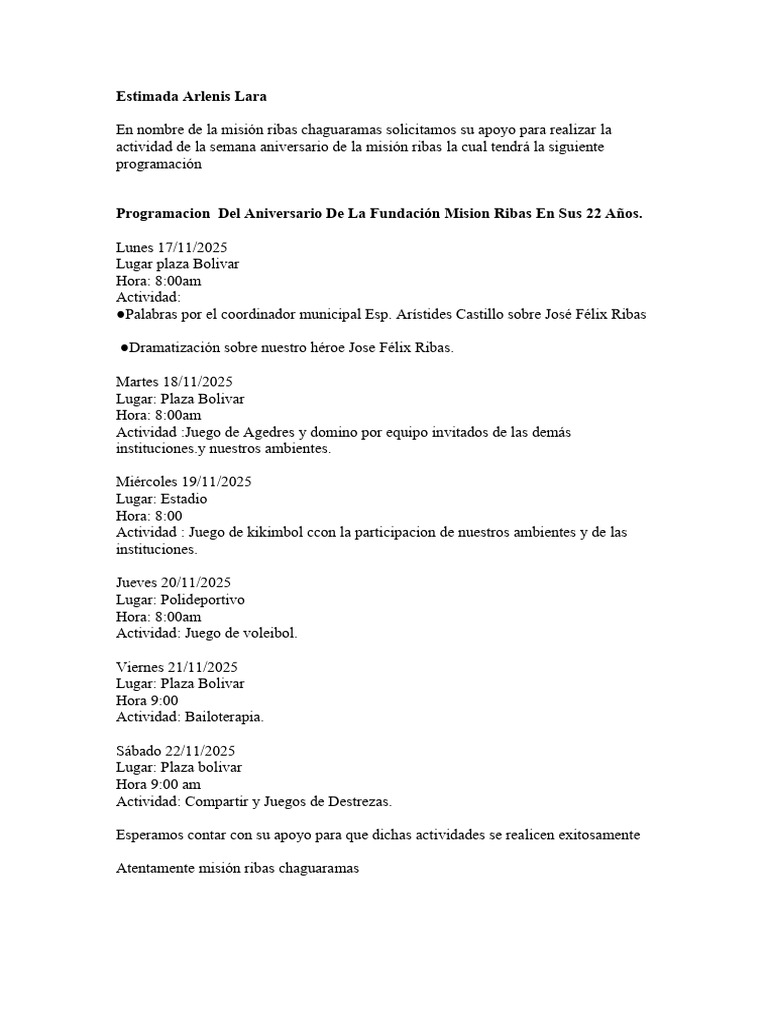Programacion de La Fundacion Mision Ribas en Sus 22 Años-2 | PDF