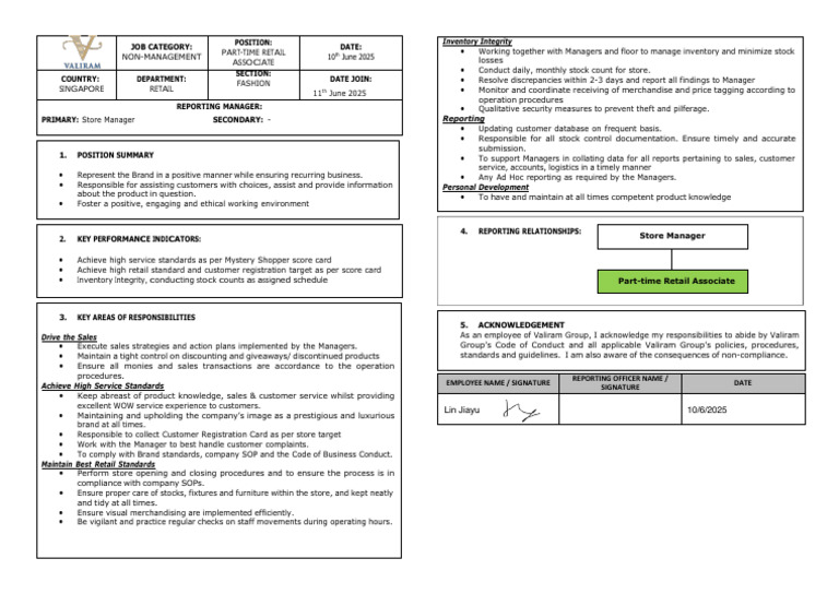 JD - Part-Time Retail Associate | PDF | Inventory | Retail