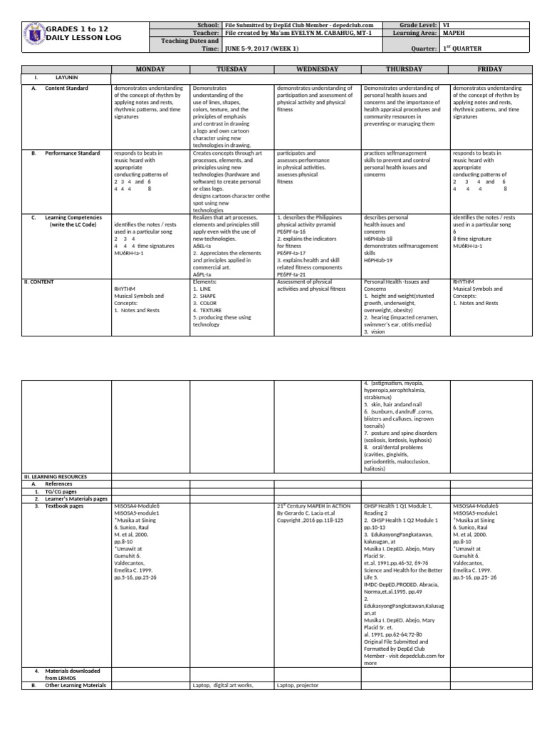 DLL_MAPEH 6_Q1_W1 | PDF | Rhythm