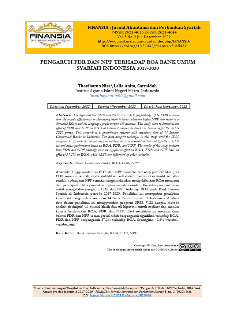 Aninurul, Production Editor, Pengaruh Fdr Dan Npf Terhadap Roa Bank Umum Syariah Indonesia 2017 ...