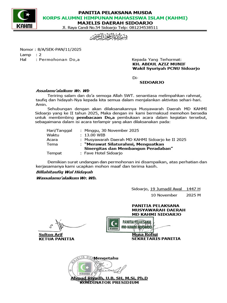 Musda KAHMI Sidoarjo 2025: Undangan dan Acara | PDF