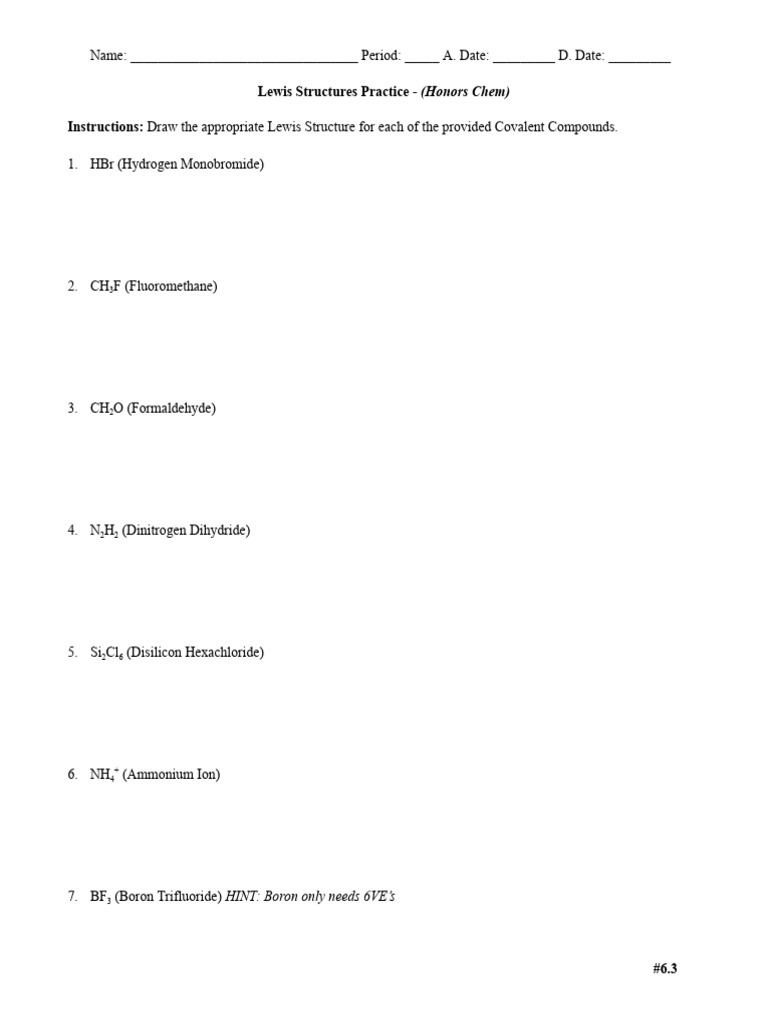 6.3 Lewis Structures Practice - (HChem) | PDF