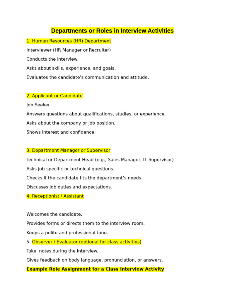 Roles in Job Interview Activities | PDF | Human Communication | Social ...