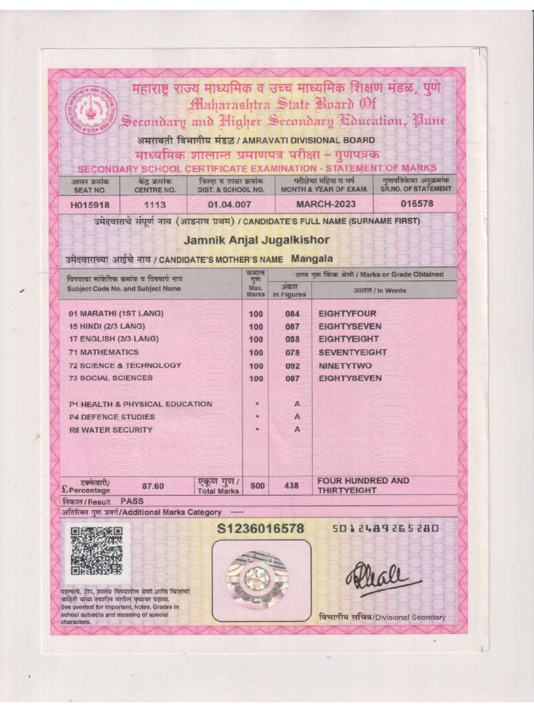 SSC Mark Sheet Anjal Jamnik | PDF