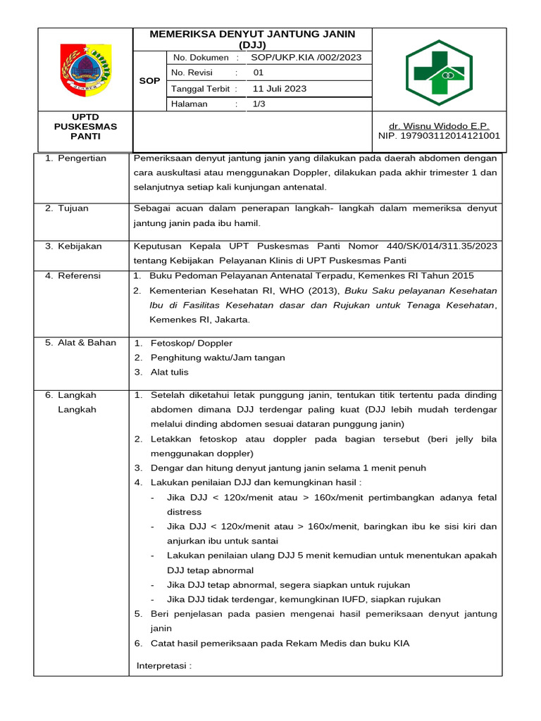 7. SOP MEMERIKSA DENYUT JANTUNG JANIN-..FIX - Copy | PDF