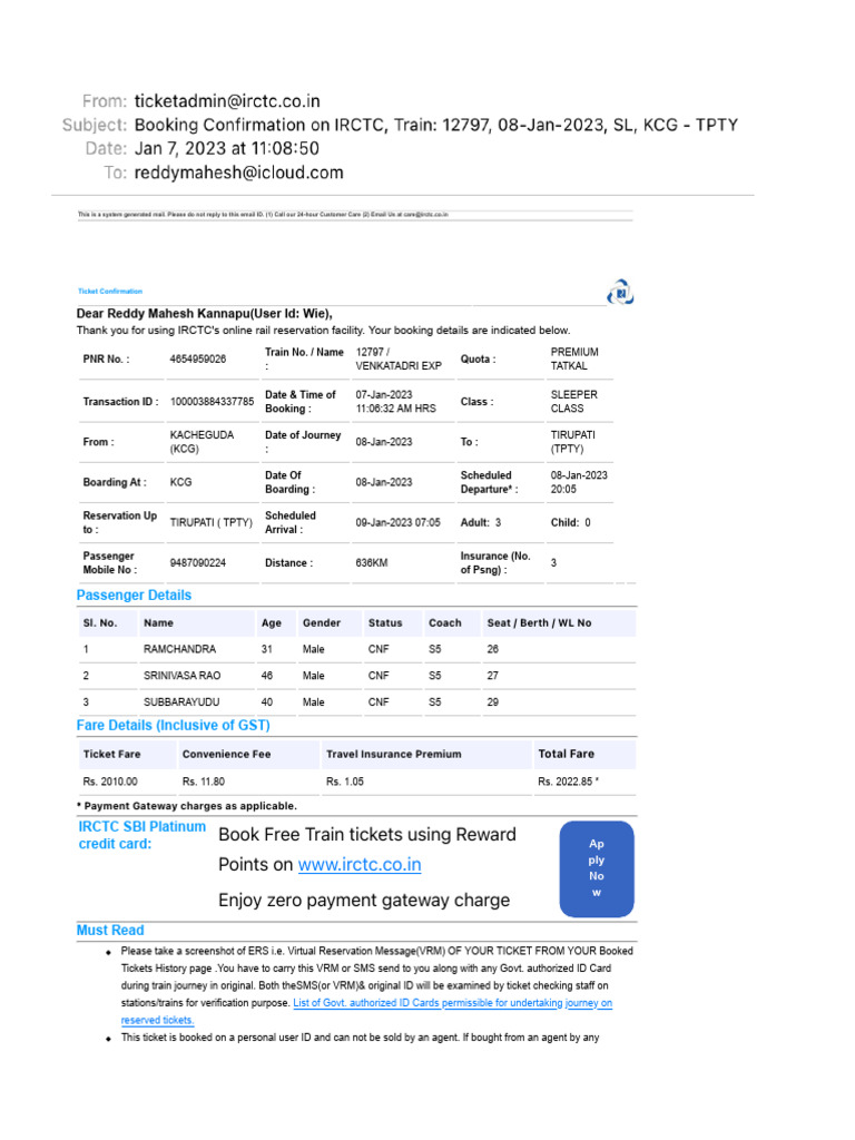 Booking Confirmation on IRCTC, Train 12797, 08-Jan-2023, SL, KCG - TPTY | PDF | Service ...