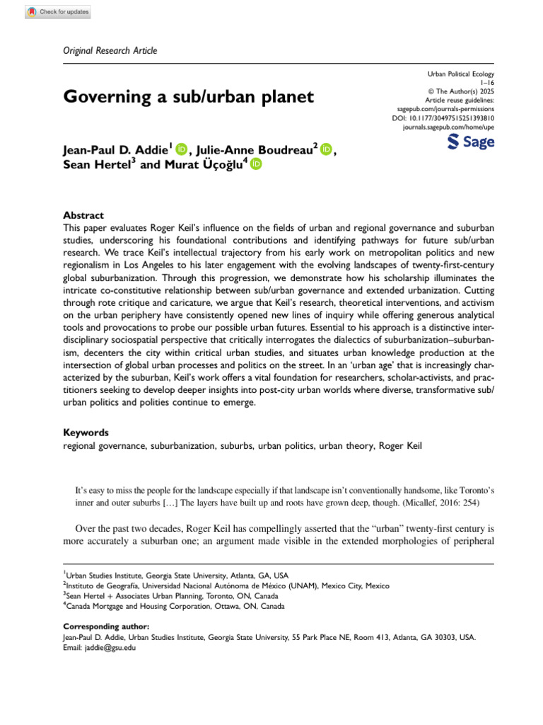 Addie Et Al 2025 Governing A Sub Urban Planet | PDF | Urban Sprawl | Suburb