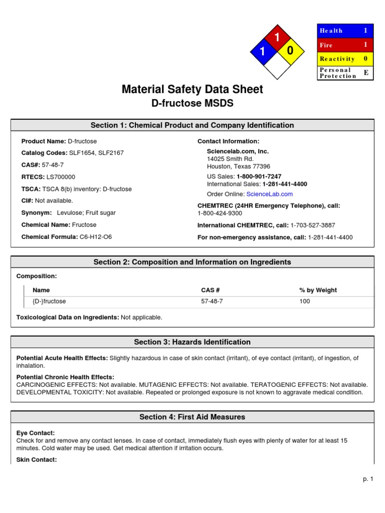 Fructose Msds | PDF | Toxicity | Biodegradation