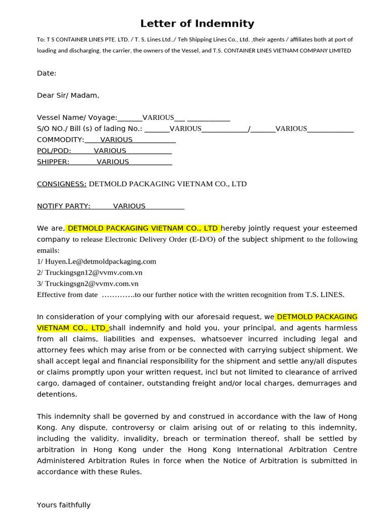 Indemnity Letter for Shipment Release | PDF