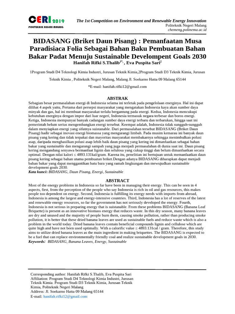 Abstrak BIDASANG (Briket Daun Pisang) Pemanfaatan Musa Paradisiaca ...