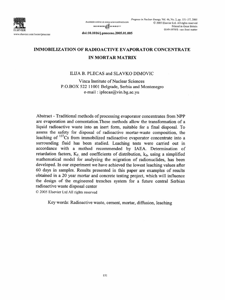 Immobilization of Radioactive Evaporator Concentrate in Mortar Matrix ...