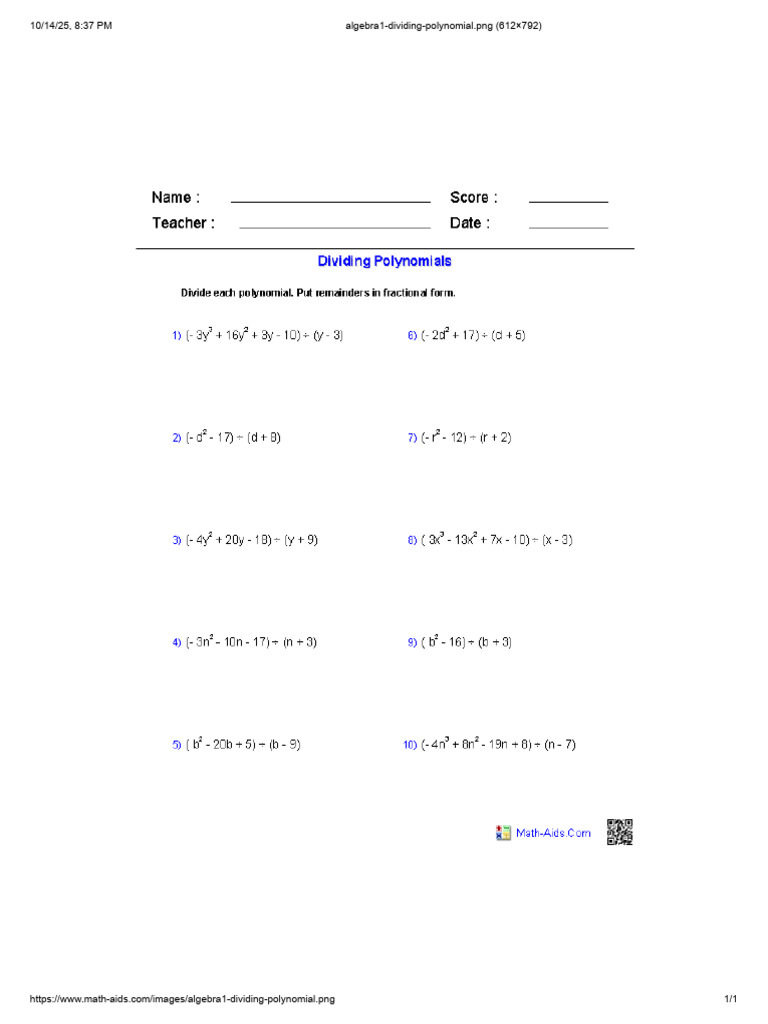 Algebra1 Dividing Polynomial | PDF