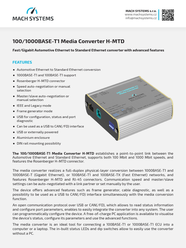 100_1000BASE-T1 Media Converter H-MTD - Data Sheet | PDF | Usb | Ethernet