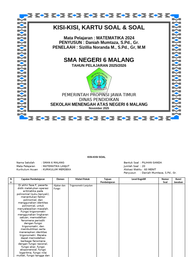Perangkat PAS Mat Lanjut 2025-2026 Fix | PDF