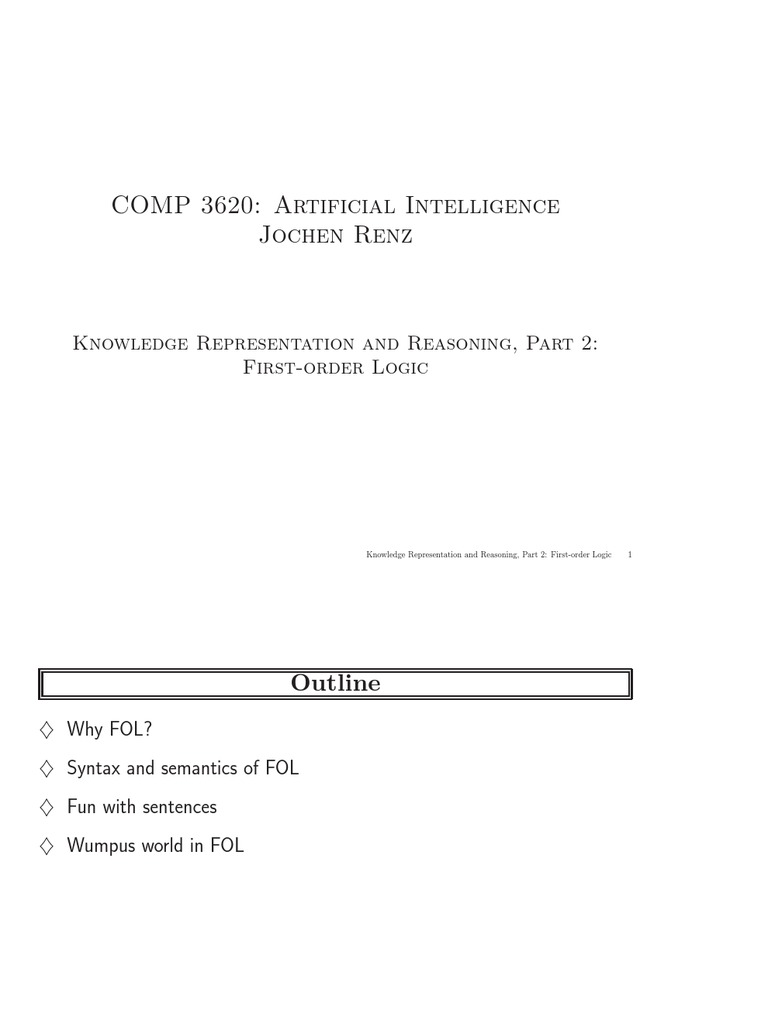COMP 3620: Artificial Intelligence Jochen Renz: Knowledge ...