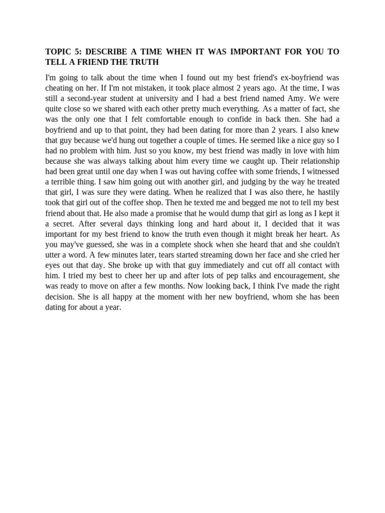 Topic 5 - Experience - Important To Tell A Friend The Truth | PDF