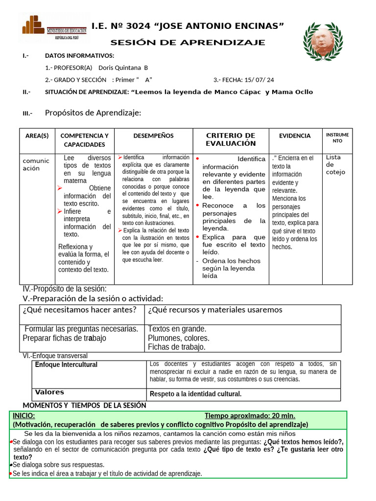 Leemos Manco Capac y Mama Ocllo | PDF | Aprendizaje | Ciencia cognitiva