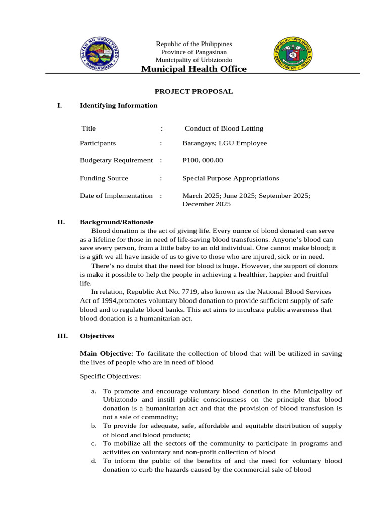 Blood Donation Project Proposal Urbiztondo | PDF | Lunch | Blood Donation