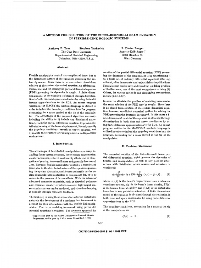 1989 a Method for Solution of the Euler-bernoulli Beam Equation in Flexible Link Robotic System ...