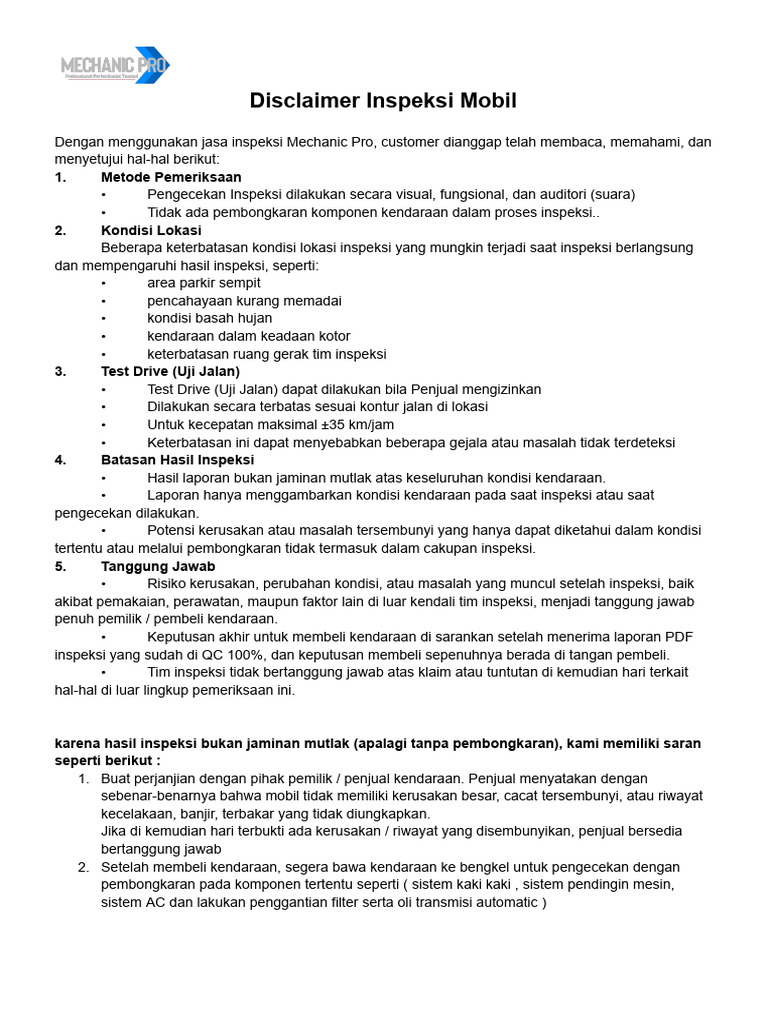 Disclaimer Inspeksi Mobil Mechanic Pro | PDF
