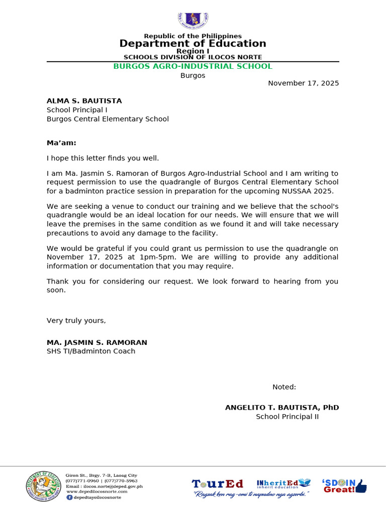 Request to Use School Quadrangle for Badminton | PDF
