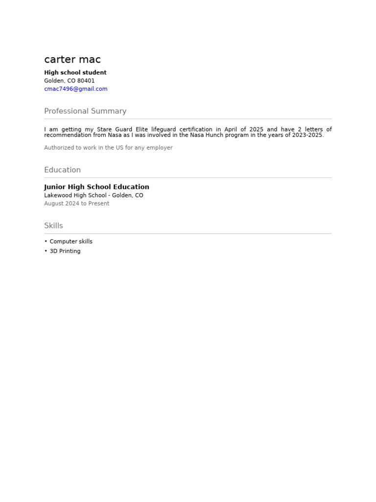 High School Student Profile: Carter Mac | PDF
