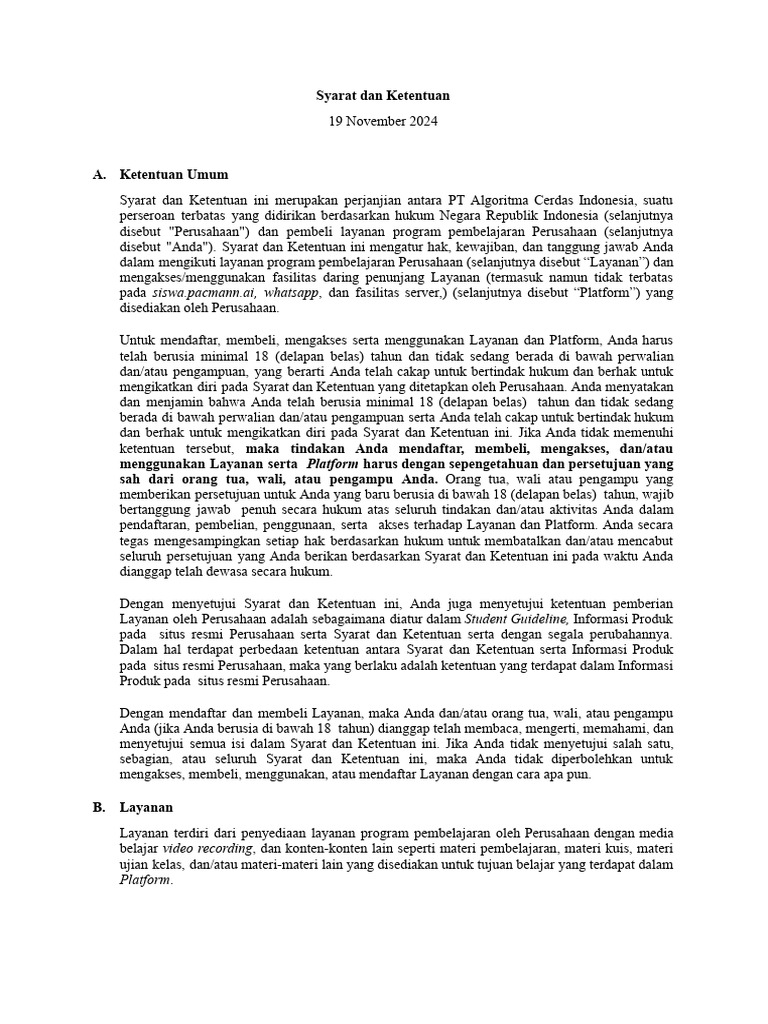 Syarat dan Ketentuan Layanan Pembelajaran | PDF