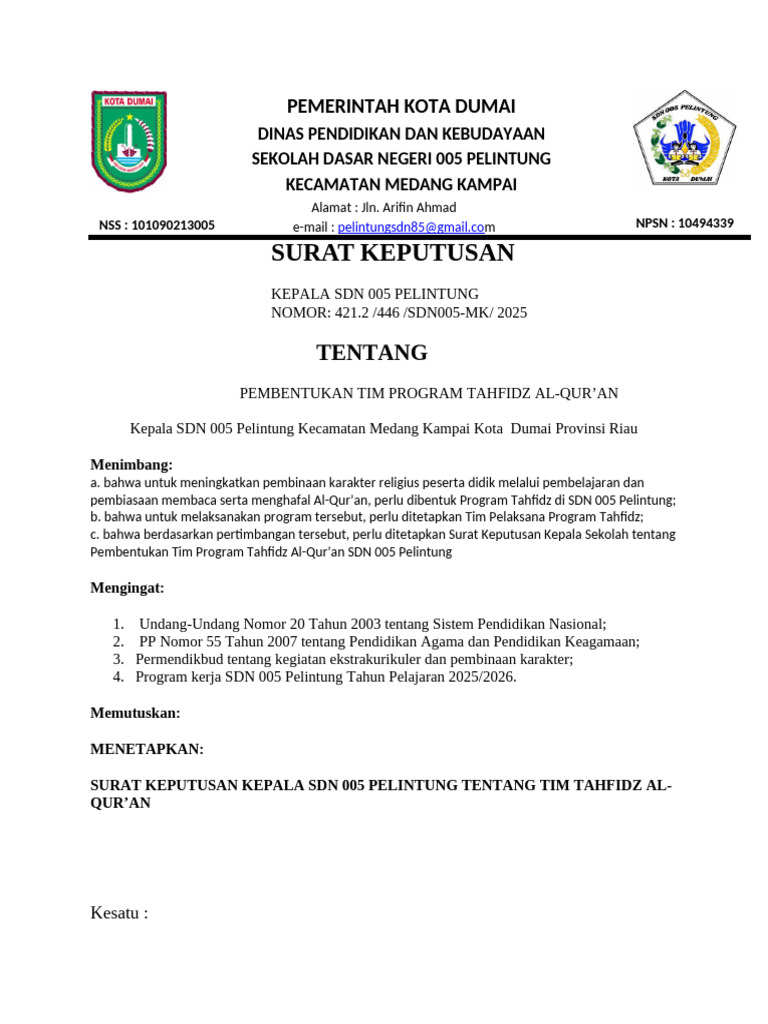 Pembentukan Tim Tahfidz Al-Qur'an SDN 005 | PDF