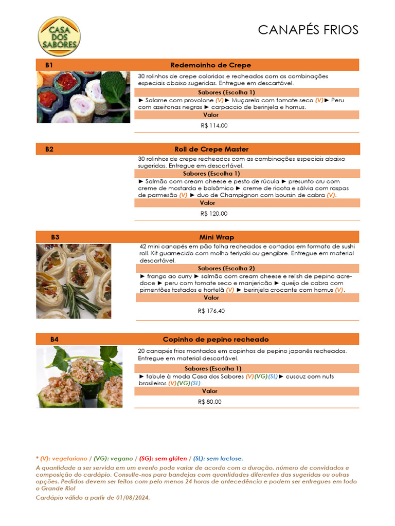 Cardápio de Canapés Frios para Eventos | PDF | Queijo | Ingredientes de ...