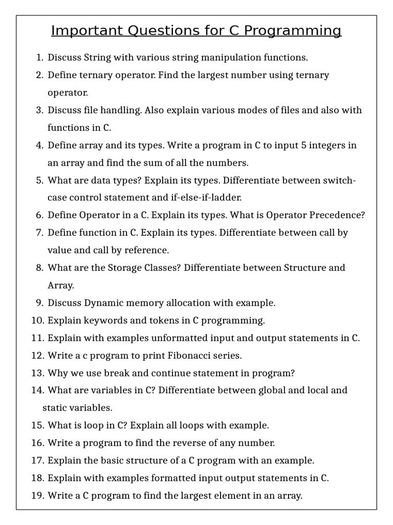 Important Questions For C Programming | PDF