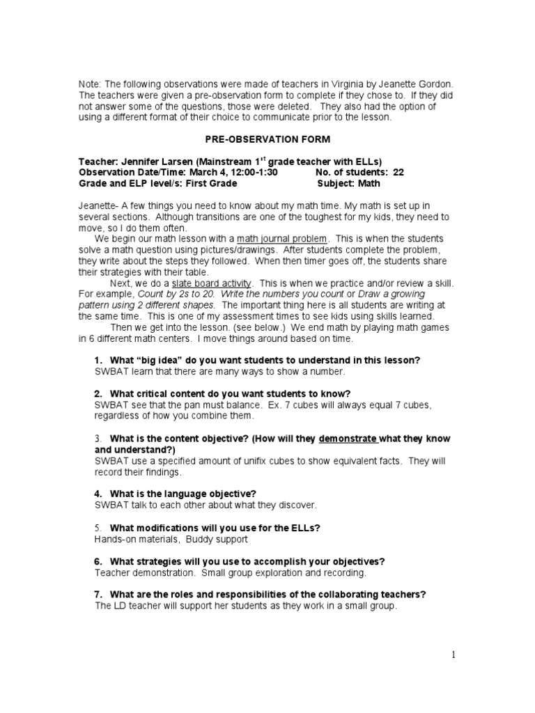 1st and 2nd Grade Observations | PDF | English As A Second Or Foreign ...
