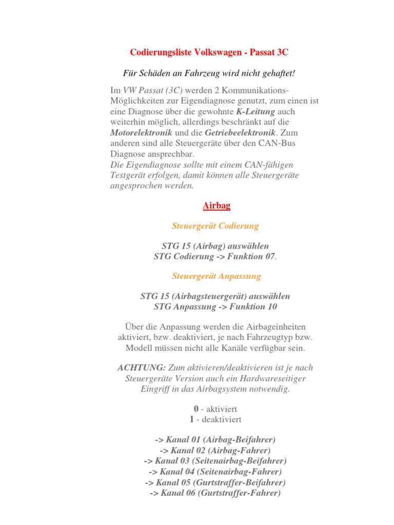 Vw Codierungsliste Pdf