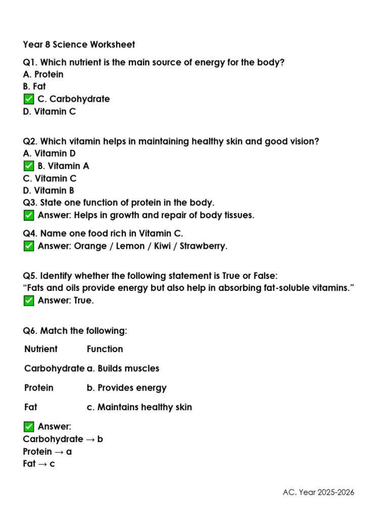 Year 8 Concept Work Sheet Topic Diet and Growth With Answers | PDF ...