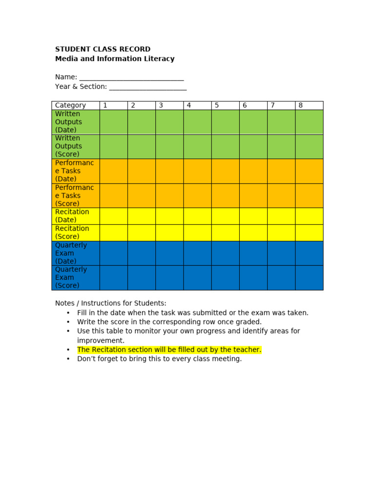 Student Class Record MIL | PDF