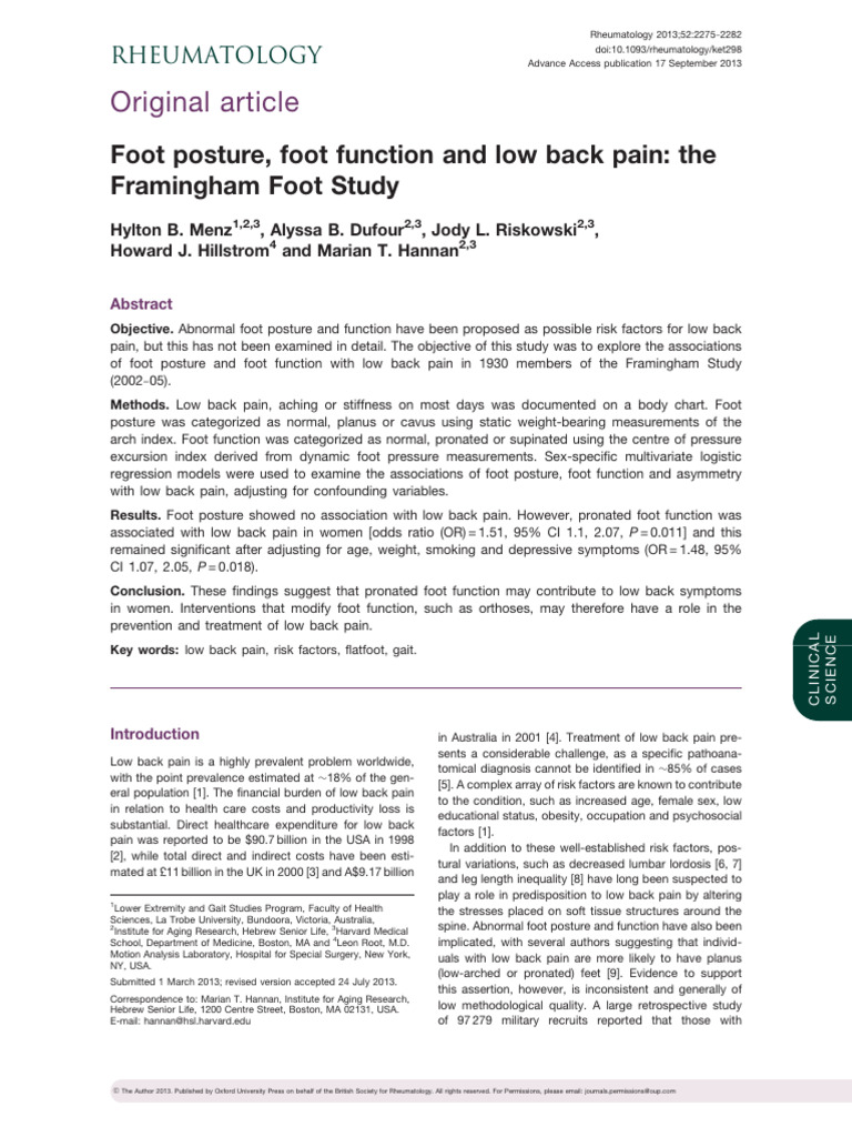 Foot Posture, Foot Function and Low Back Pain The Framinham Study | PDF ...
