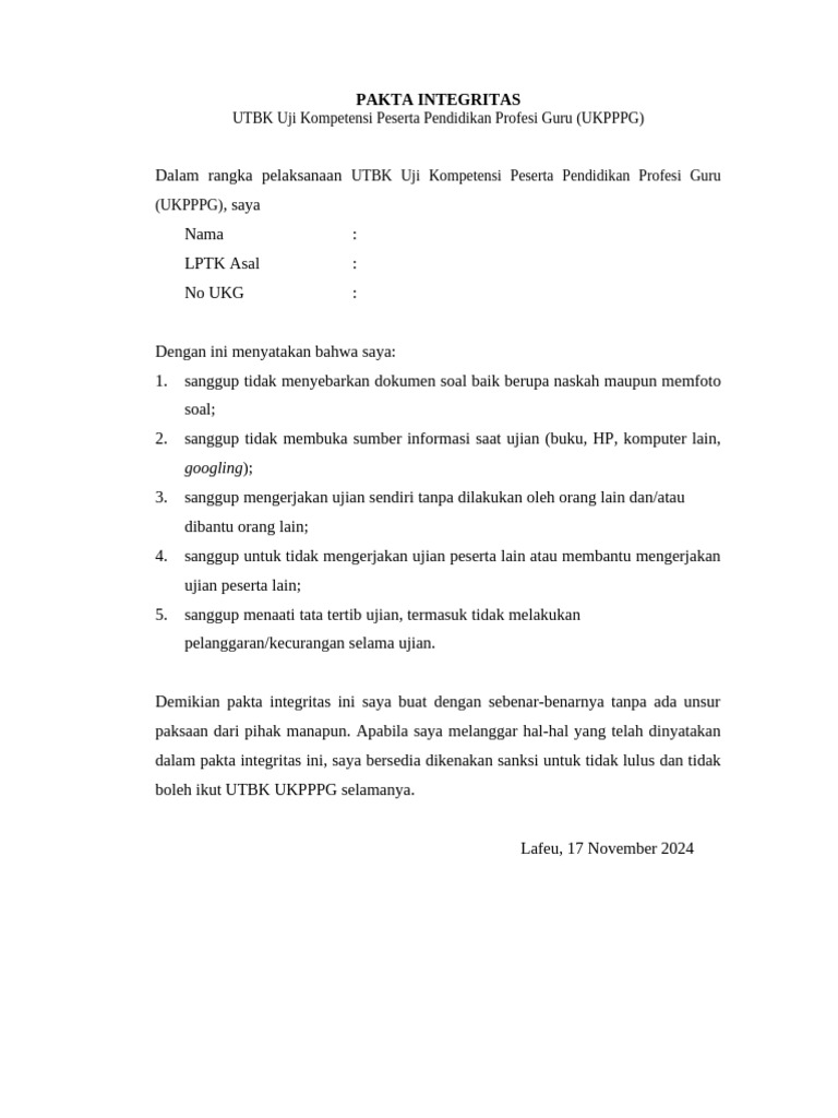 Contoh Format Fakta Integritas Ukppg | PDF