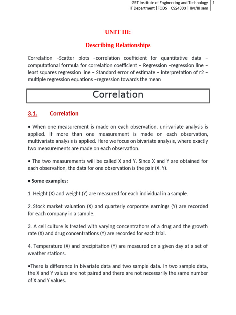 FODS UNIT - 3 Study Material | PDF | Scatter Plot | Regression Analysis