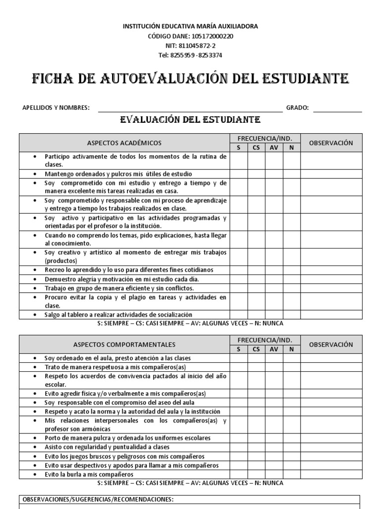 Autoevaluación Estudiante | PDF | Salud y bienestar