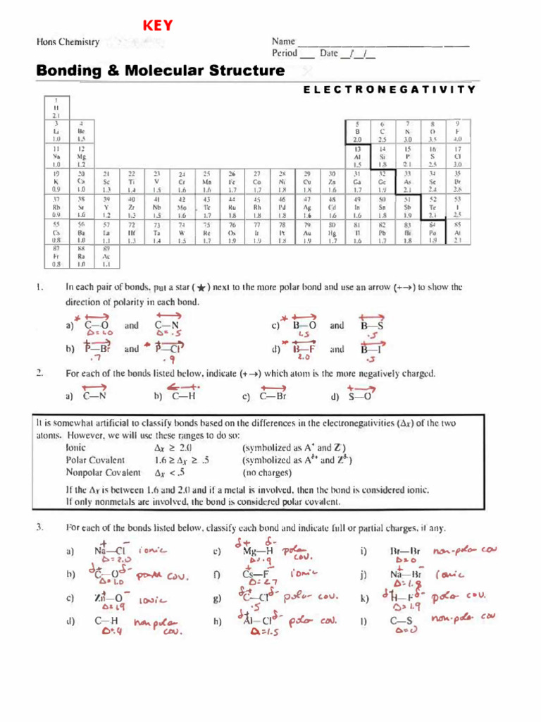 HWK10 Chemical Bonds and Electronegativity KEY 1 | PDF | Chemical Bond | Molecular Orbital