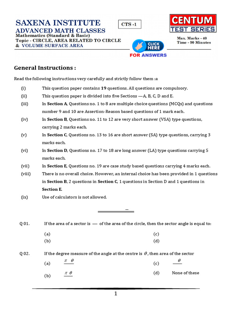 C.T.S - 1 Circle Area Related To Circle & Volume Surface Area | PDF ...