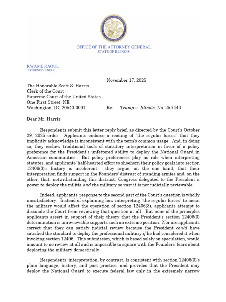 Trump v. Illinois Supplemental Letter Reply Brief Final To File PDFA ...