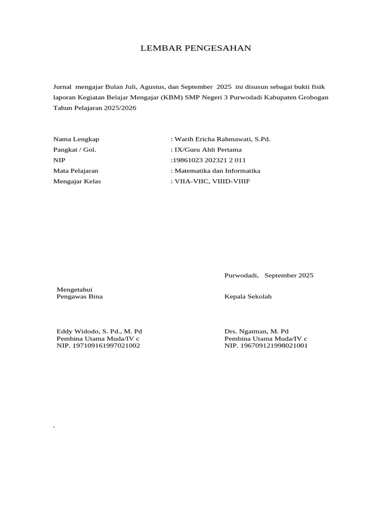 Hal Pengesahan Jurnal Mengajar (3) .Docx Bu Ericha | PDF