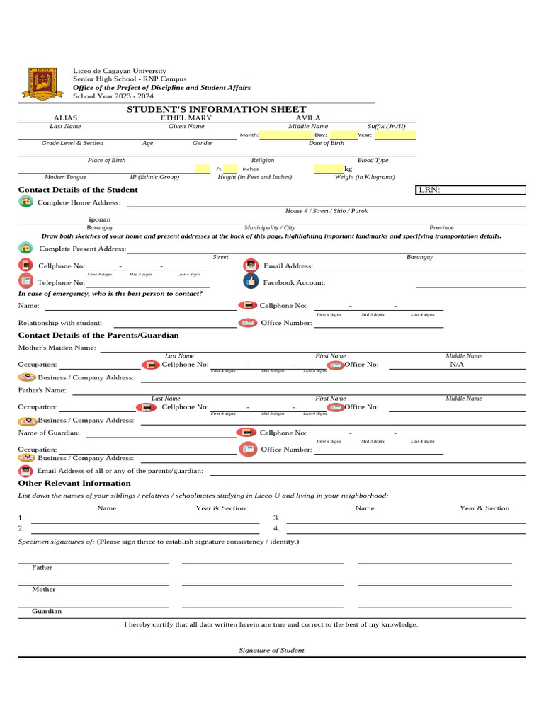 Students Information Sheet 2023 2024 | PDF