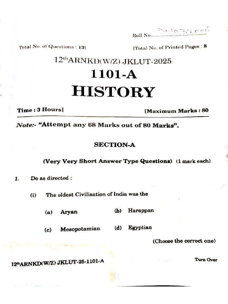 Class 12th History Question Paper 2025-26 | PDF