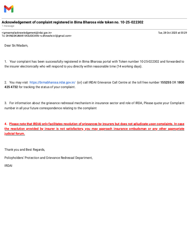 Gmail - Acknowledgement of Complaint Registered in Bima Bharosa Vide ...